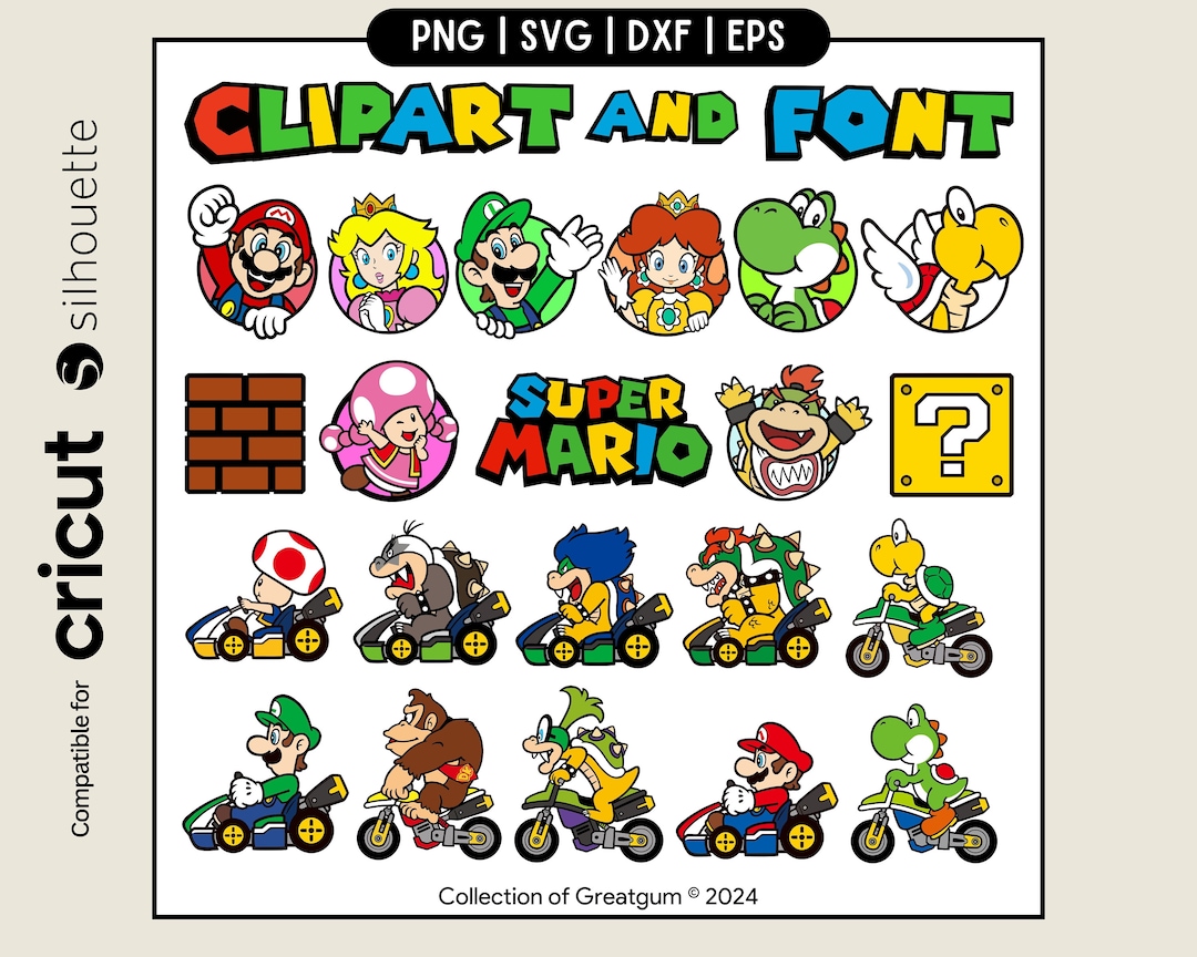 Super Mario Clipart and Font Svg Super Mario Svg Bundle Mario Birthday ...