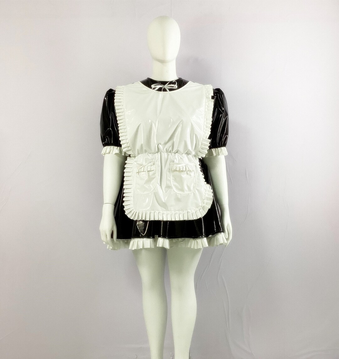 Short Sleeve Maid Uniforms Ruffles Trims Vinyl PVC Leather Maid Dress A ...