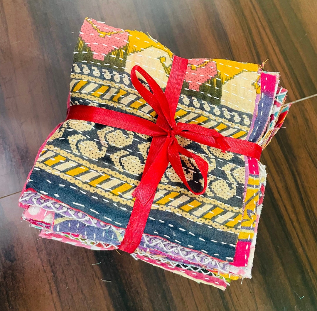 50 PC Vintage Fabric Scraps, Assorted Kantha Square Patches, Cotton ...