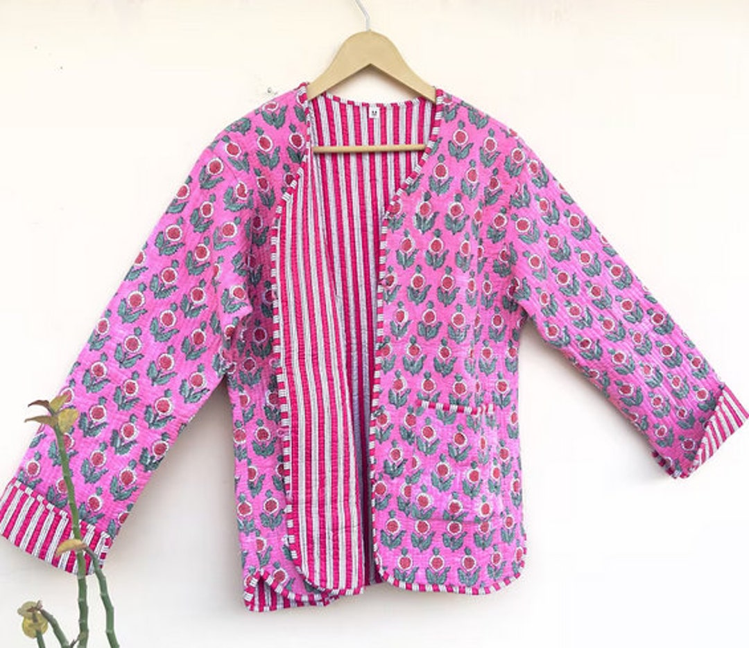 Indian Block Print Quilted Jacket, Handmade Women Wear Pink Flower ...