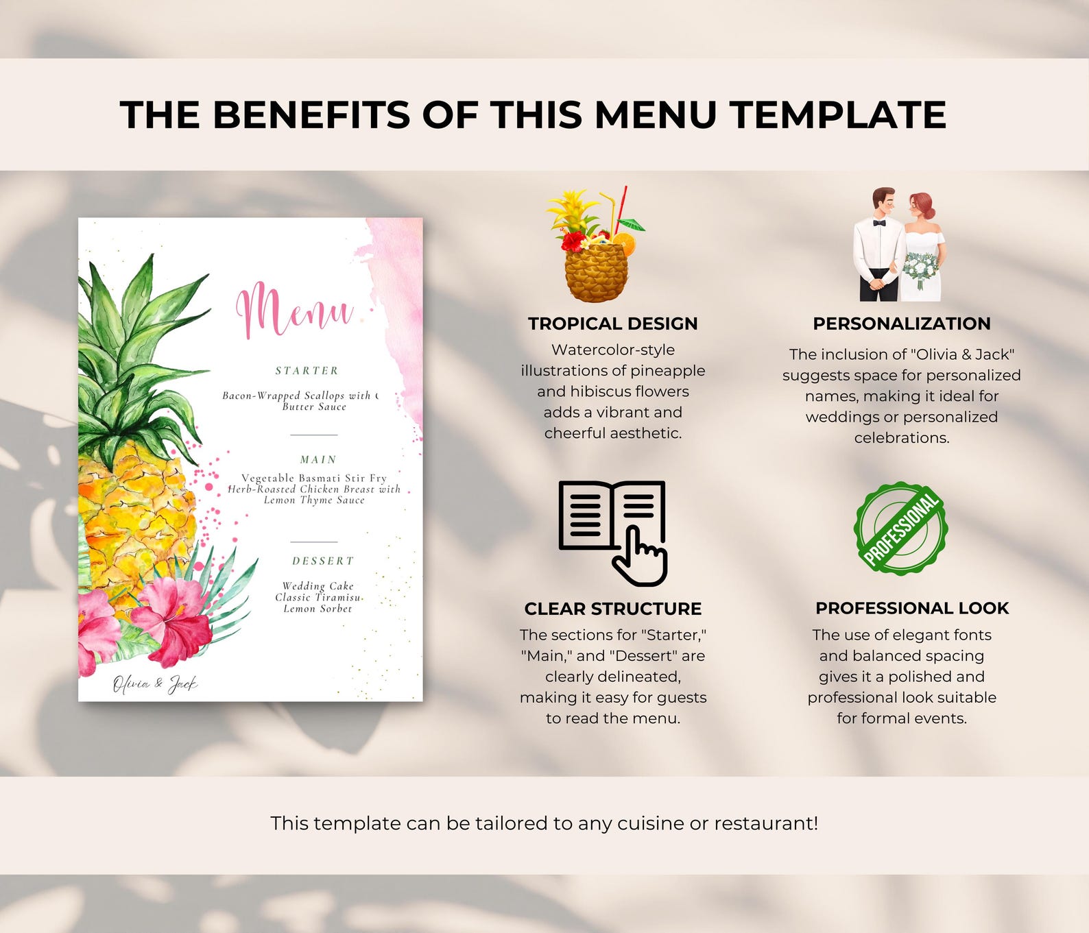 Tropical Menu Template, Tropical Wedding Menu Template, Elegant ...