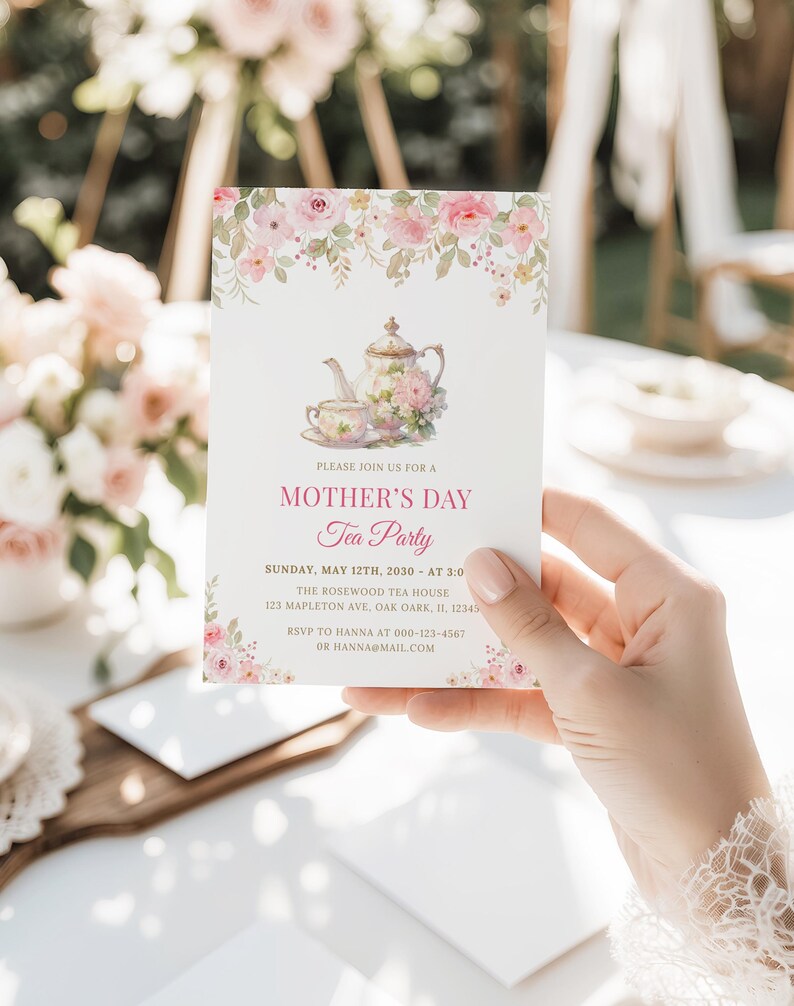 Editable Mother’s Day Tea Party Invitation, Pink Floral Tea Party ...
