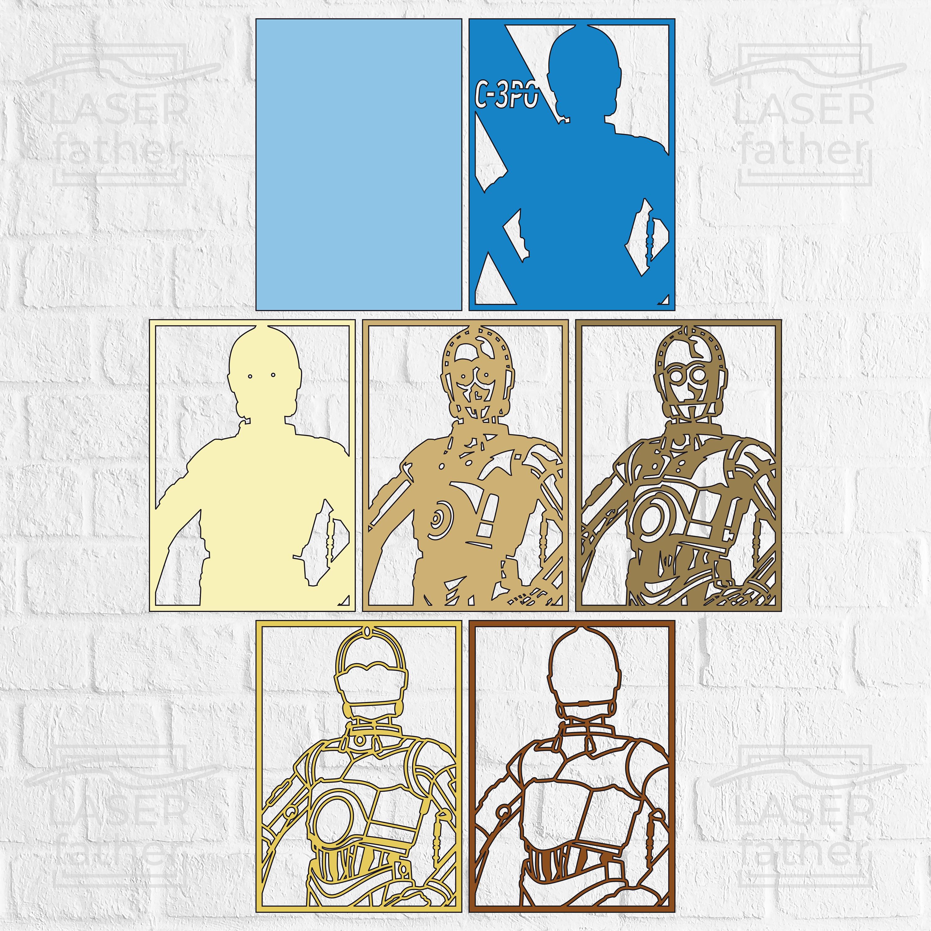 Silueta de C3PO, archivo de corte láser de madera contrachapada, Star ...