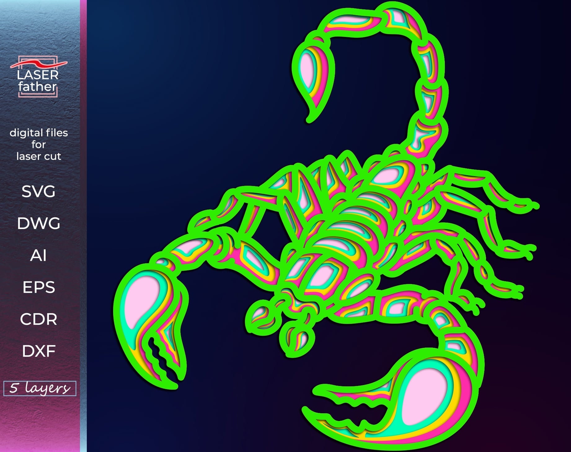 Scorpio 3D Layers SVG File, Instant Digital Download Png Ai Cdr Dxf Dwg Eps, Laser Cut Files ...