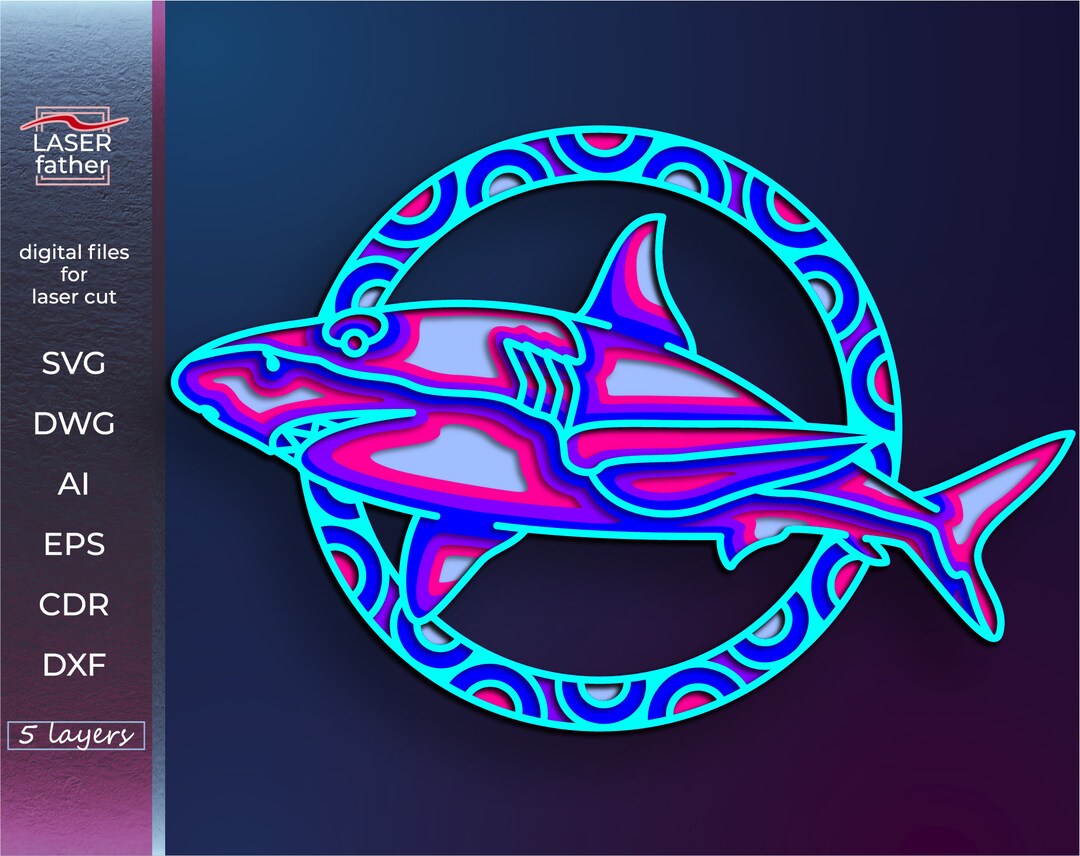 3D Shark Multilayer SVG File, Instant Download Files Png Ai Cdr Dxf Dwg Eps, Shark Art, Mandala ...