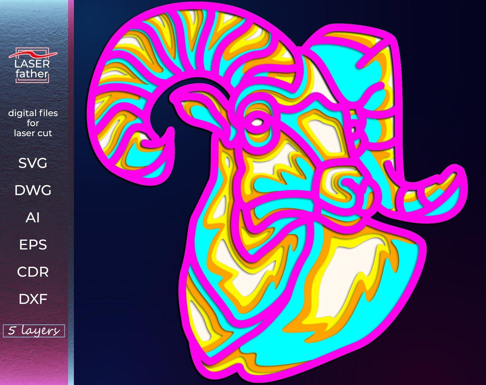 Ram 3D SVG File, Instant Download Files Png Ai Cdr Dxf Dwg Eps, Animal Crafts, 5 Layers Laser ...