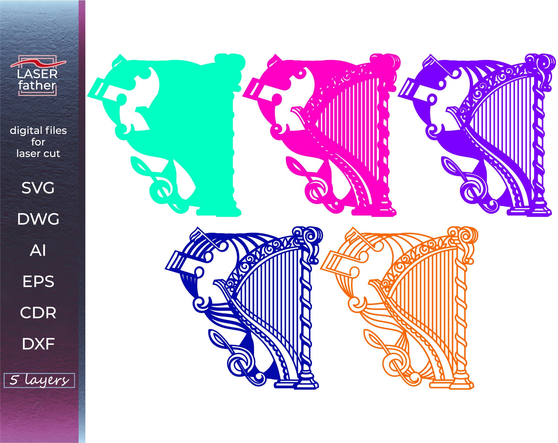 Harp 3D Layered SVG File, Instant Download Files Png Ai Cdr Dxf Dwg Eps ...