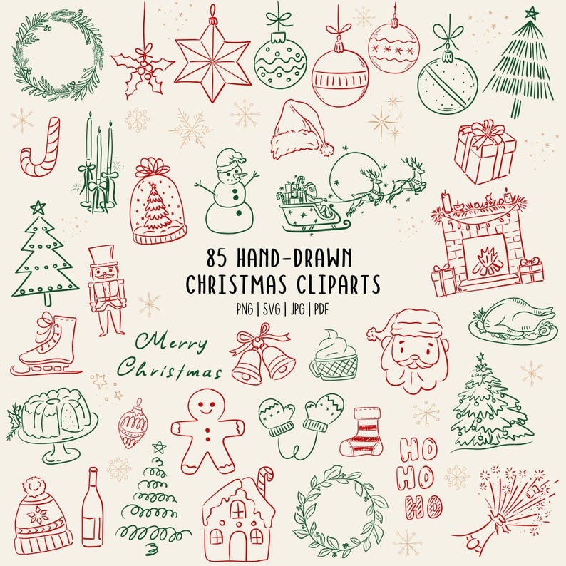 Hand-drawn Christmas Clipart Icons: 80 Holiday Doodles (PNG, SVG, PDF ...