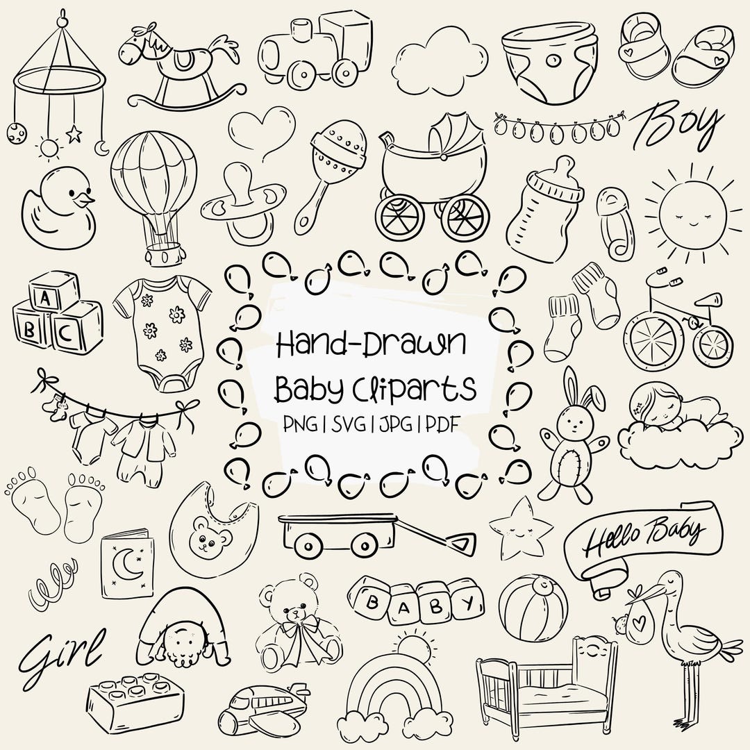 Hand-drawn Baby Clipart Set: Baby Shower Doodles (SVG, PNG, PDF) - Etsy