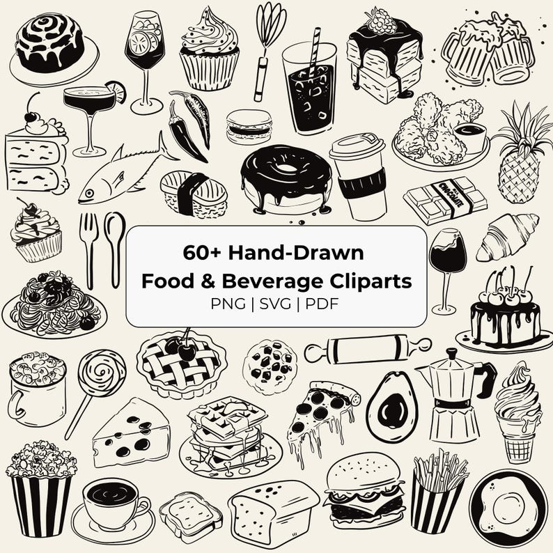 Bold Hand-drawn Food & Drink Cliparts | High Contrast Doodles | PNG SVG ...