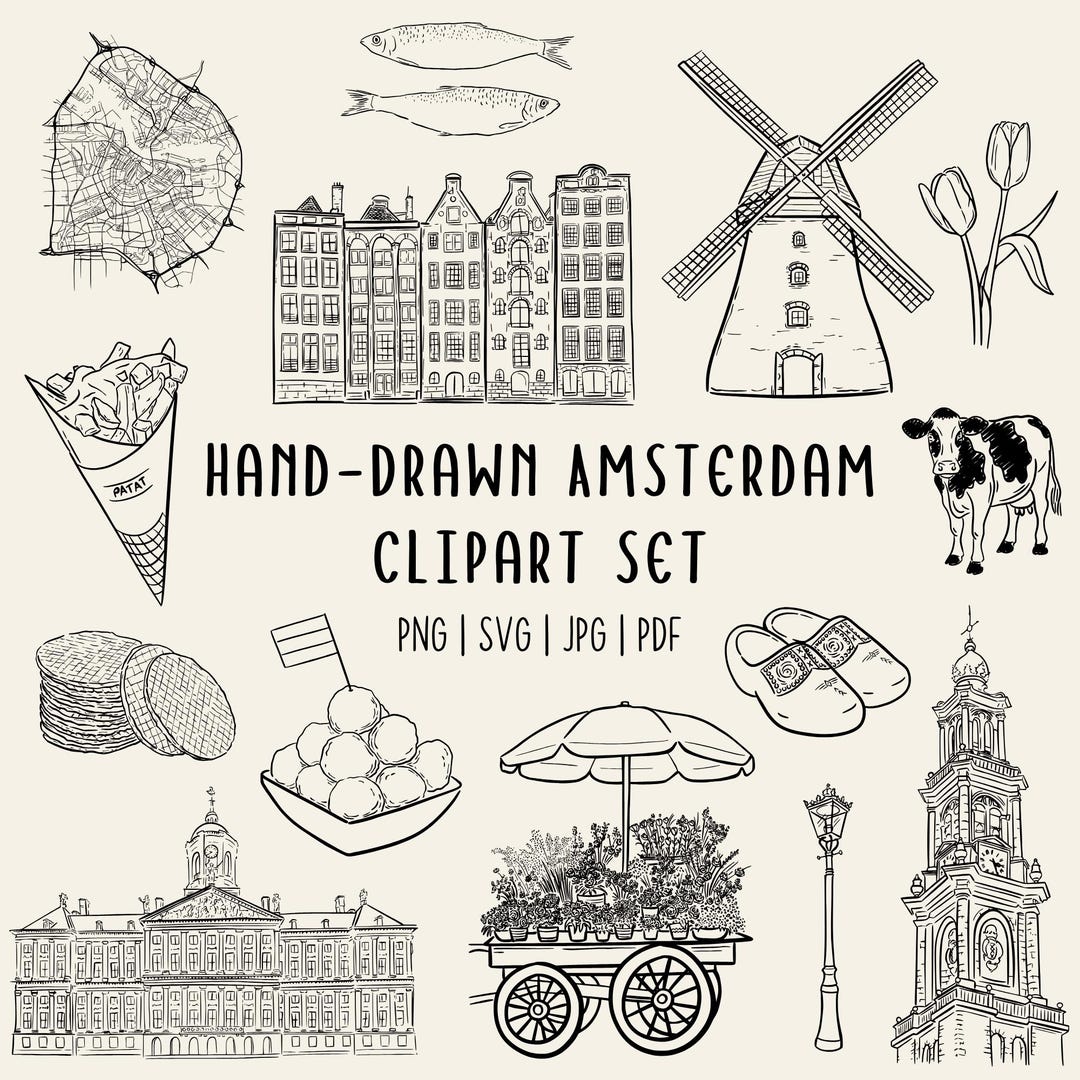 Hand Drawn Amsterdam Clipart Set | Dutch Themed Illustrations | | PNG ...