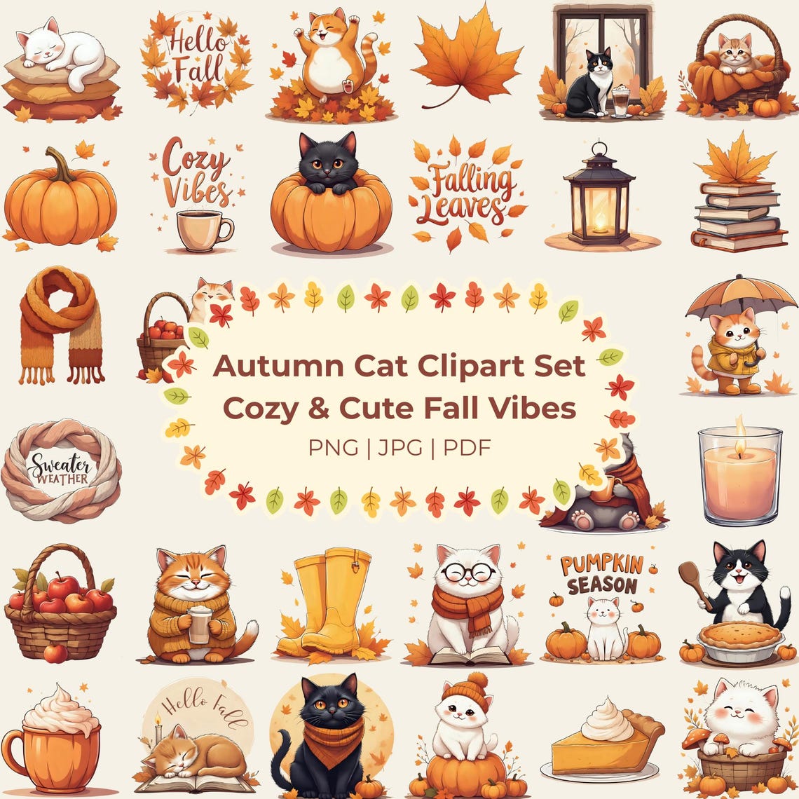 Fall Cat Clipart Set: Autumn Cats, Pumpkins (PNG JPG PDF) - Etsy