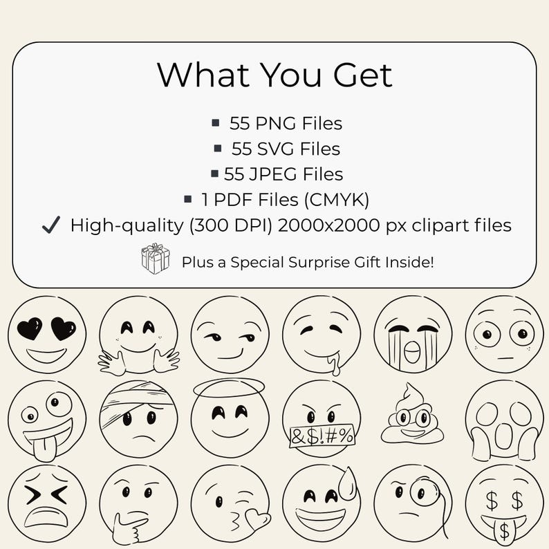 Hand-drawn Emoji Clipart Icons: Commercial Use Doodles (PNG, SVG, PDF ...
