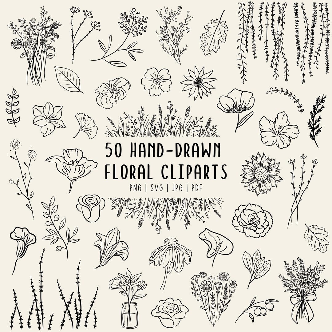 Hand-drawn Floral Doodle Cliparts | 50 Botanical Line Art Flowers | PNG ...
