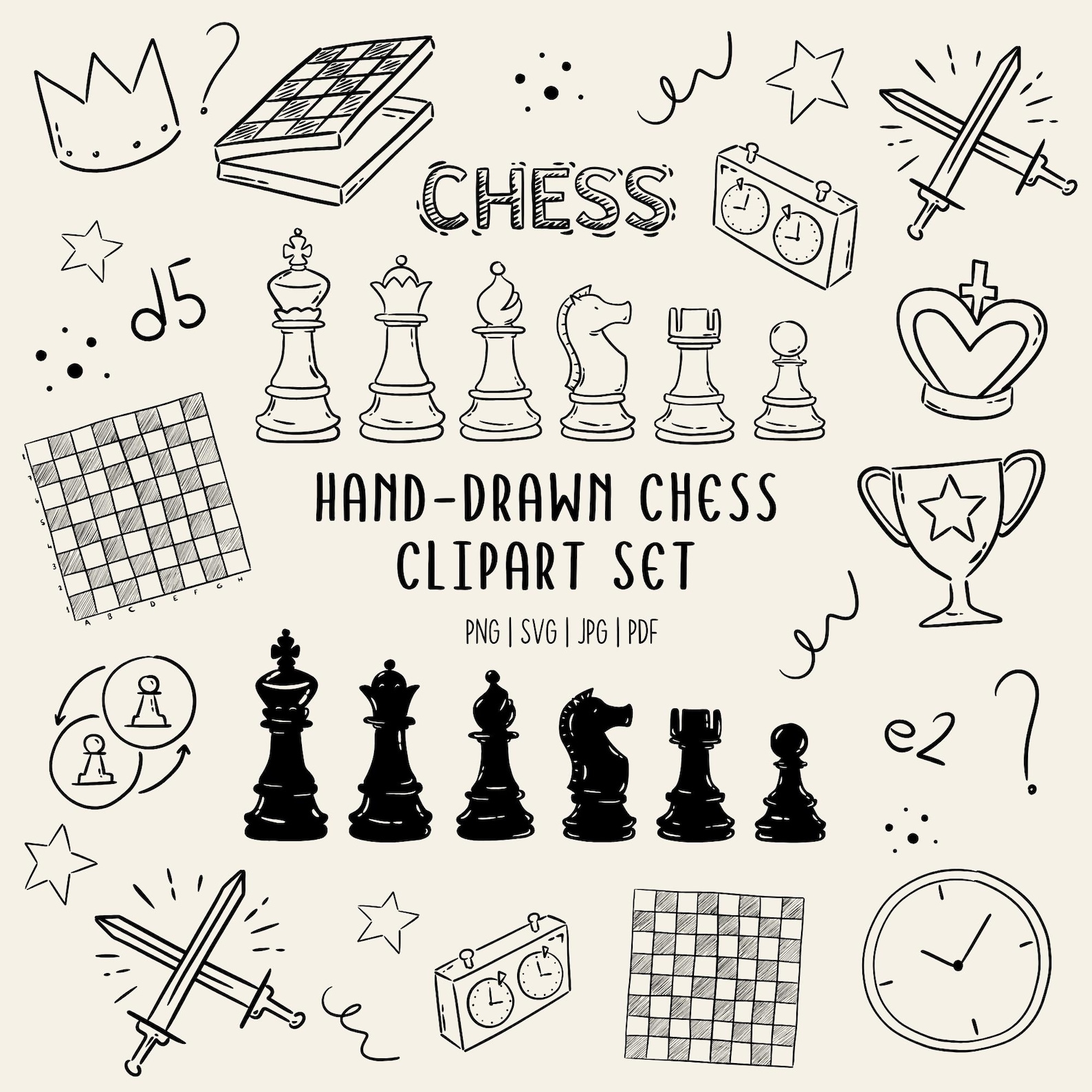 Hand-drawn Chess Clipart Set | Chess Elements Doodles PNG SVG PDF ...