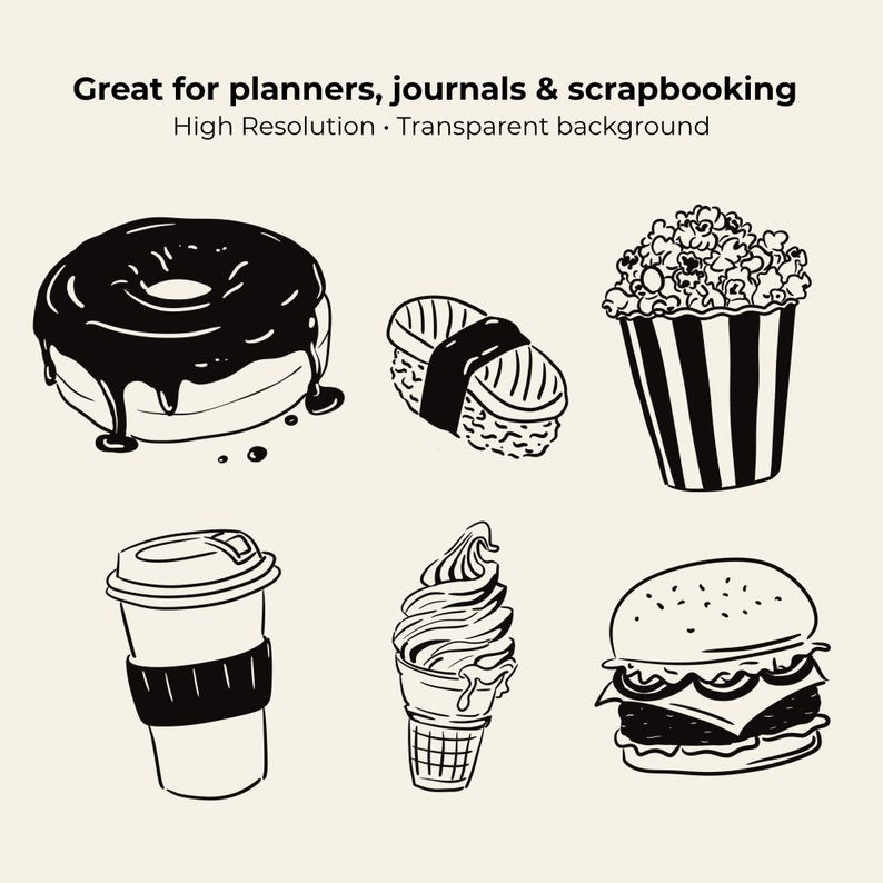 Bold Hand-drawn Food & Drink Cliparts | High Contrast Doodles | PNG SVG ...