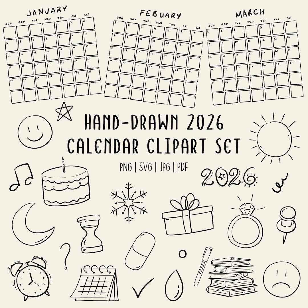 2026 Hand-drawn Calendar Clipart Set | Doodle Monthly Calendars & Icons ...