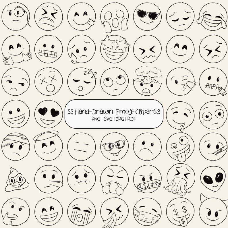 Hand-drawn Emoji Clipart Icons: Commercial Use Doodles (PNG, SVG, PDF ...