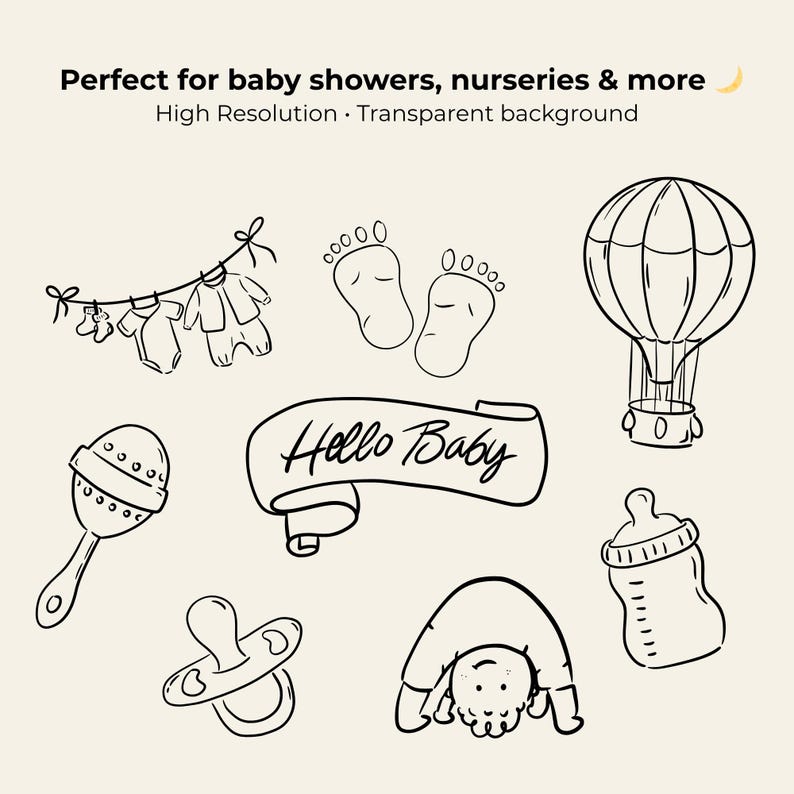 Hand-drawn Baby Clipart Icons: 70+ Baby Shower Doodles (SVG, PNG, PDF ...