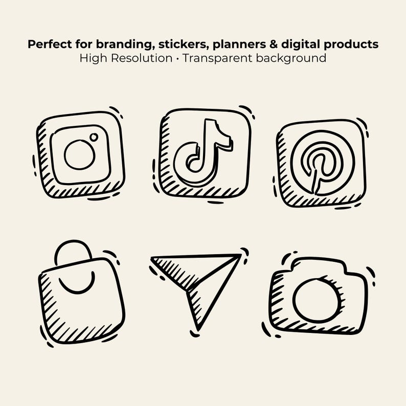 Hand Drawn Social Media Icons Cliparts | Instagram Tiktok Doodles | PNG ...