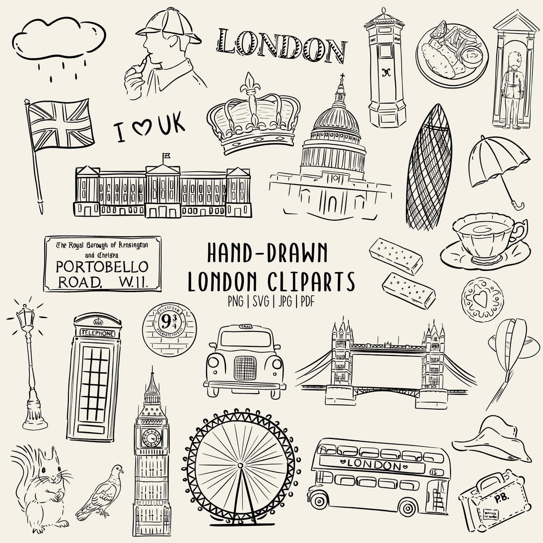Hand-drawn London Clipart Set | UK Travel Doodles | Commerical Use PNG ...