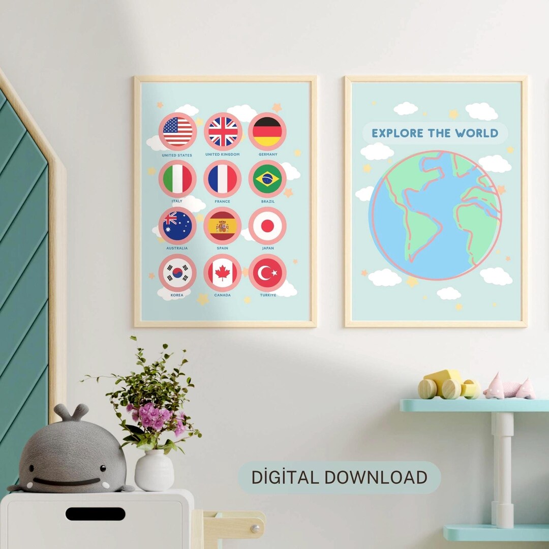 Playroom Wall Art Set — World Flags and Map Poster Set for Kids ...