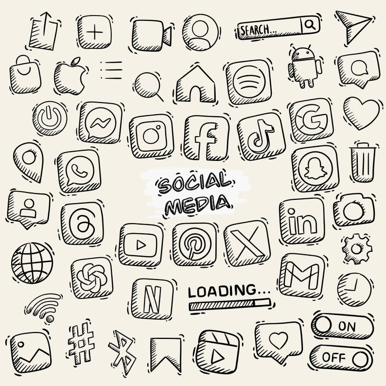 Hand Drawn Social Media Icons Cliparts | Instagram Tiktok Doodles | PNG ...