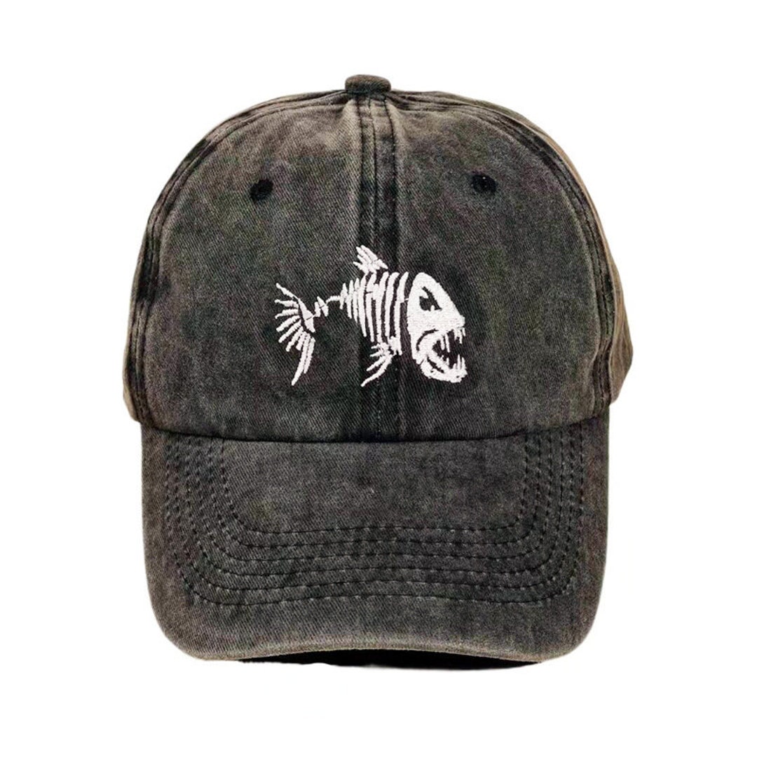 Fishbone Embroidered Dad Hat Skull Fish Baseball Cap - Etsy