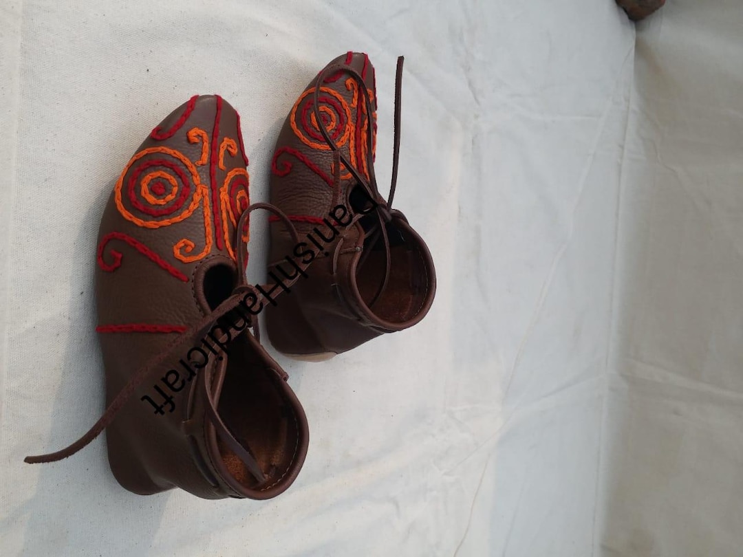 Viking Turn Shoes, Slavic Opele With Embroidery Ankle Lace Shoes New ...