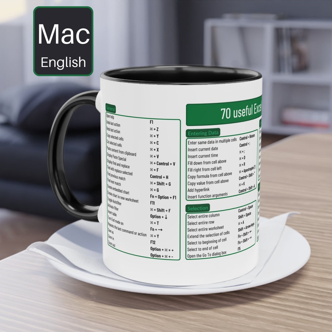 Ceramic Mug 70 Excel Shortcuts for Mac in English, Gift Idea for ...
