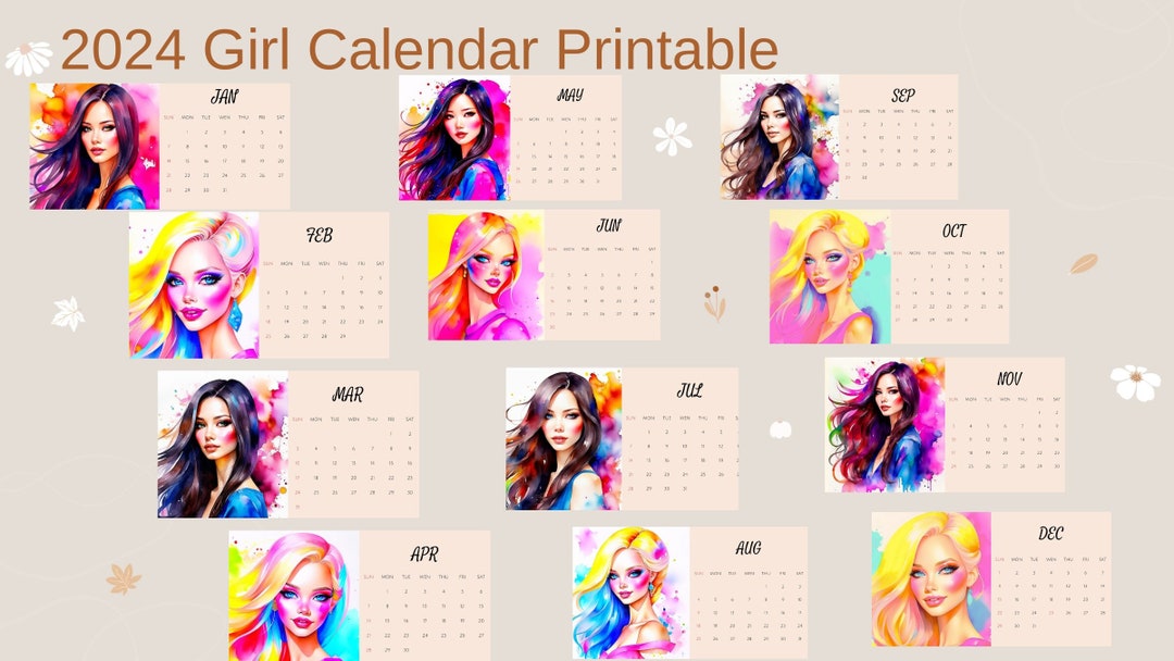 Printable Digital Monthly Calendar 2024 With Watercolor Girl - Etsy
