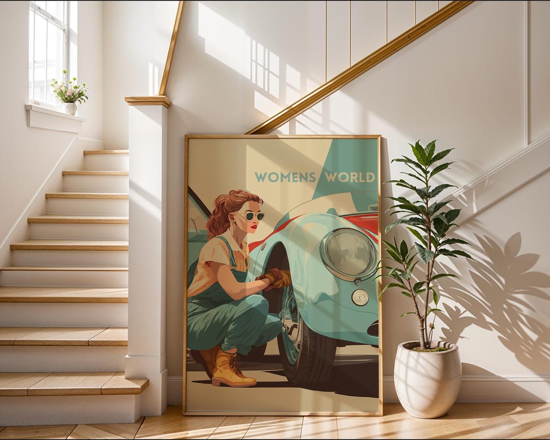 Vintage Car Mechanic Woman Art Print | WOMENS WORLD Retro Poster ...