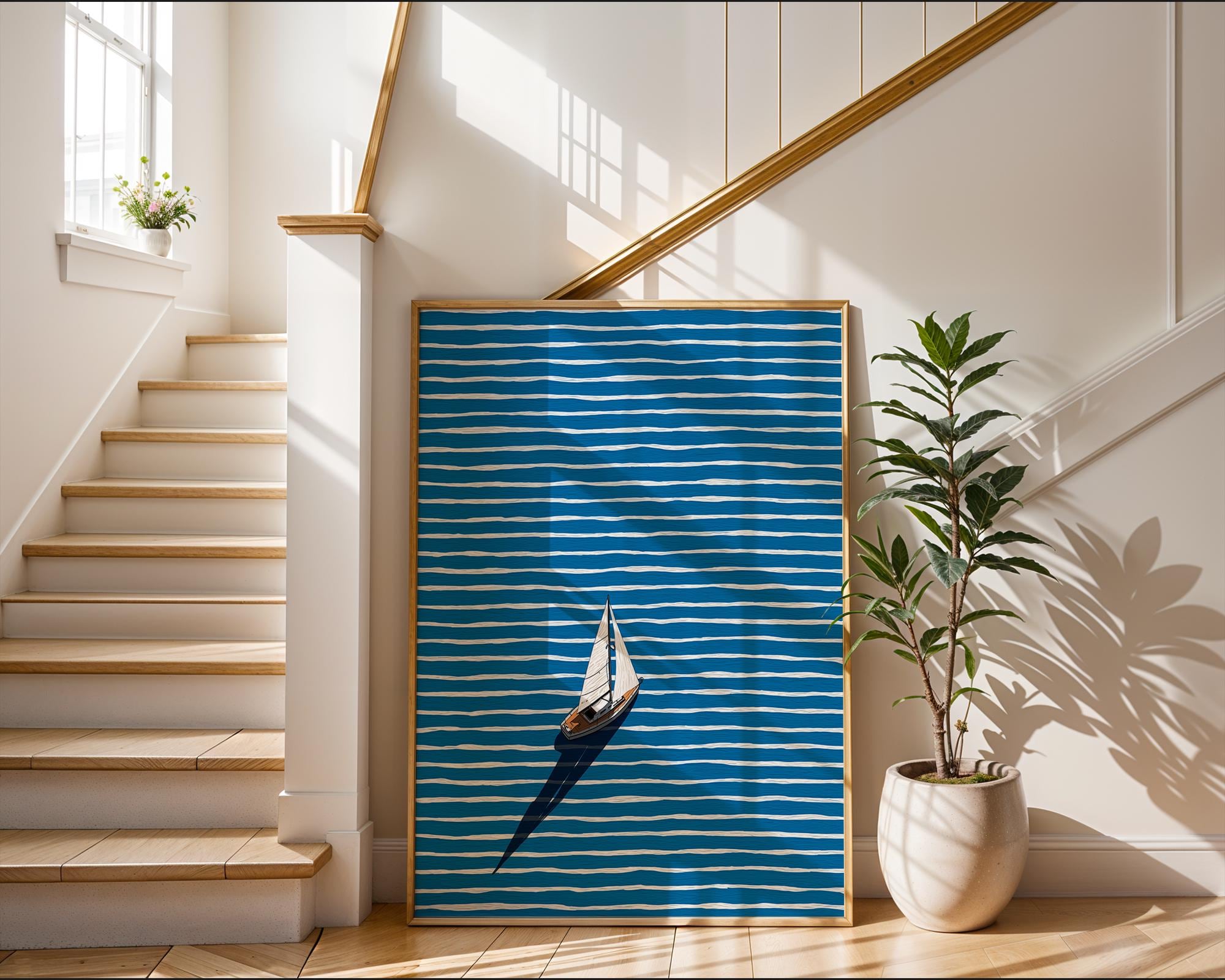 Minimalist Sailboat Art Print | Blue and White Striped Poster | Modern ...