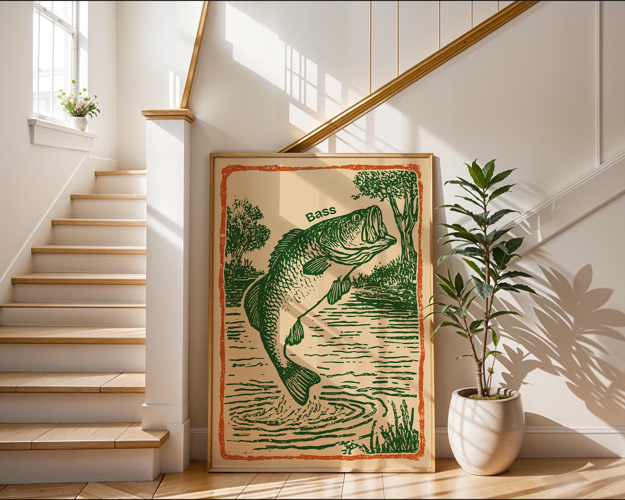 Vintage Bass Fishing Art Print | Retro Woodcut Style Fisherman Gift ...