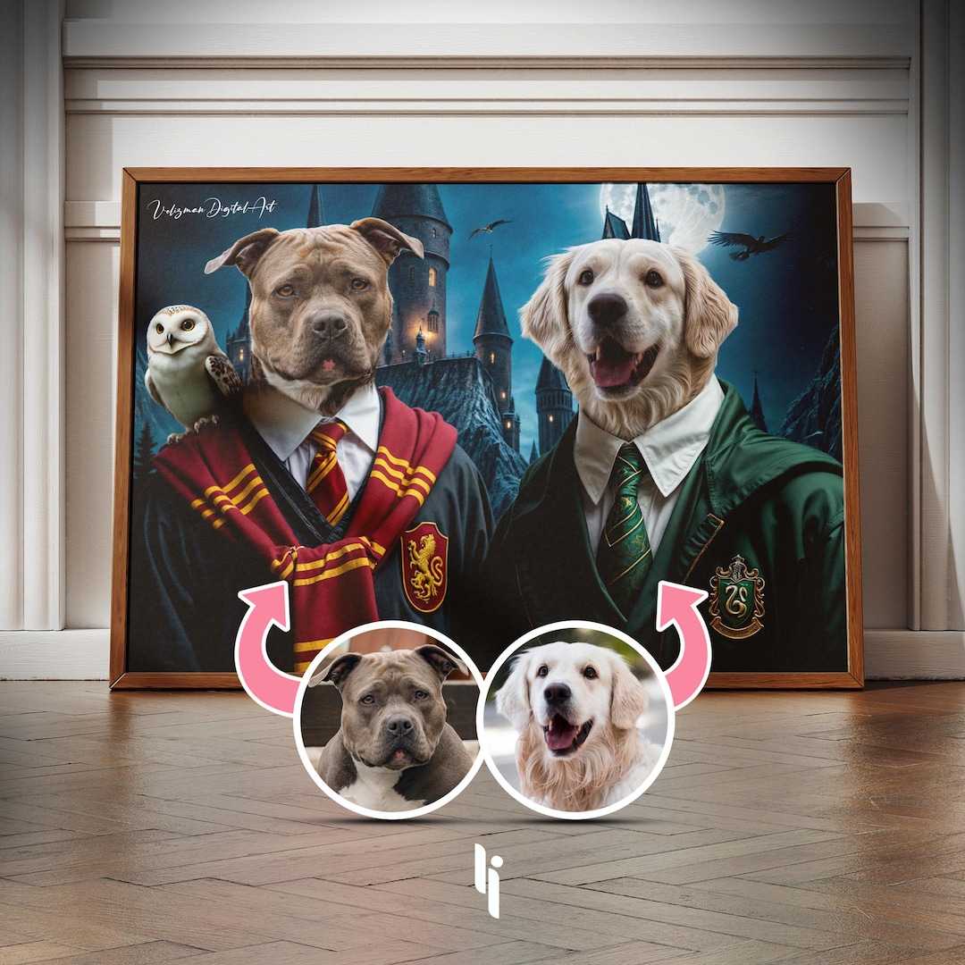 Custom Portrait of Two Wizard Pets, Gift for Pet Owners, Wizard Dog Pet ...