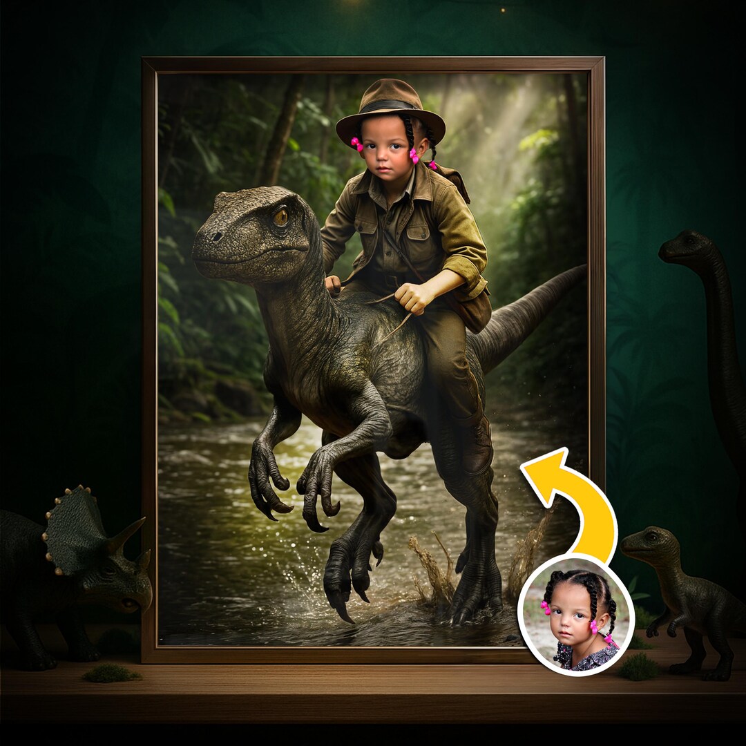 Custom Raptor Dinosaur Rider Portrait for Kids | Personalized Jurassic ...
