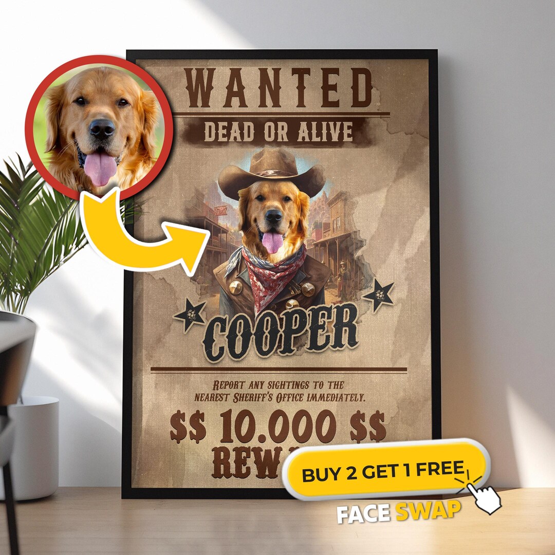 Custom Wanted Poster for Dogs, Personalized Western Portrait for Pets ...