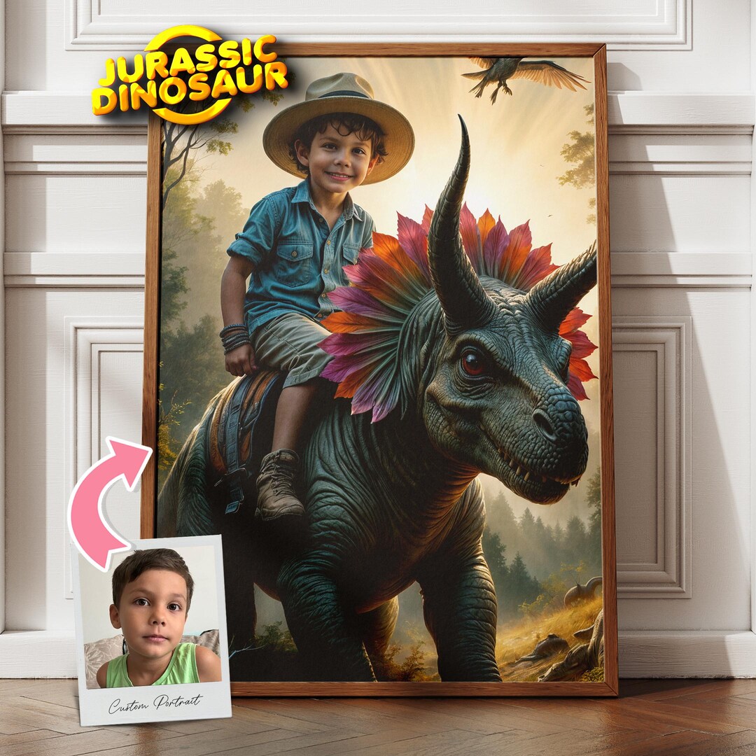 Custom Dinosaur Portait, Boy Riding a Dinosaur, Portrait From Photo ...