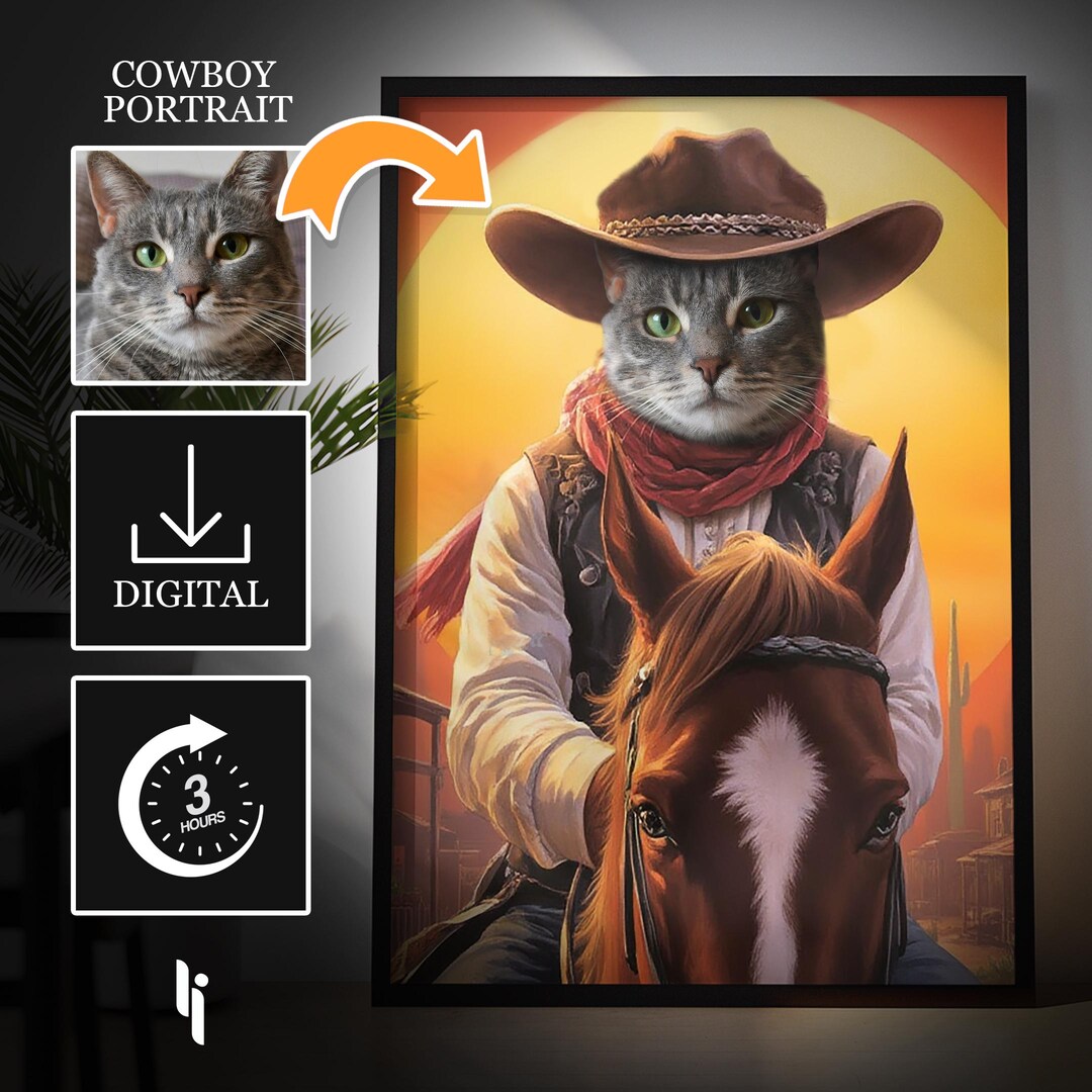 Custom Cowboy Cat Portrait, Western Cat Portrait, Cowboy Pet Gift, Cat ...