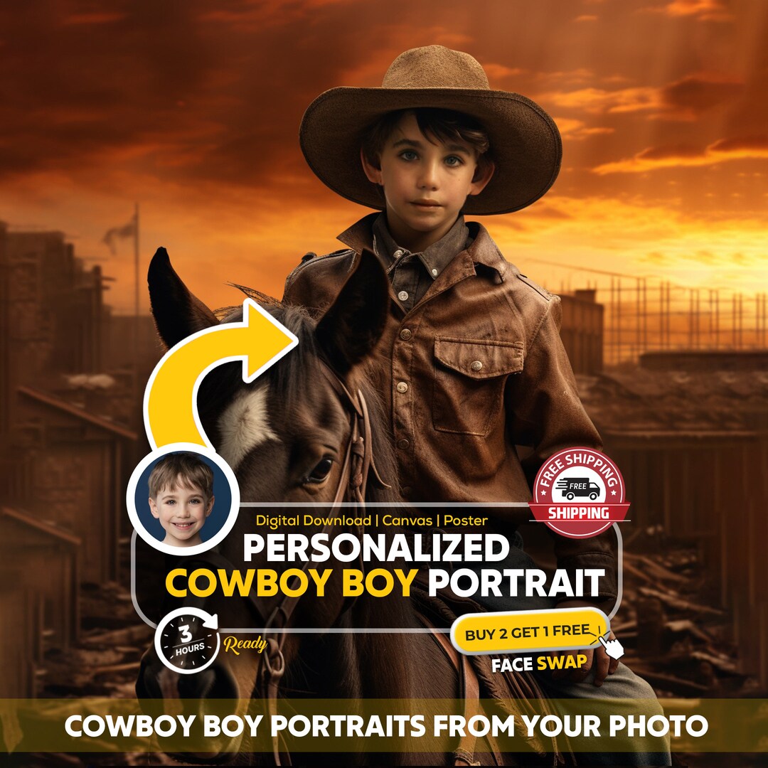 Custom Cowboy Boy Portrait, Portrait From Photography, Custom Wild West ...