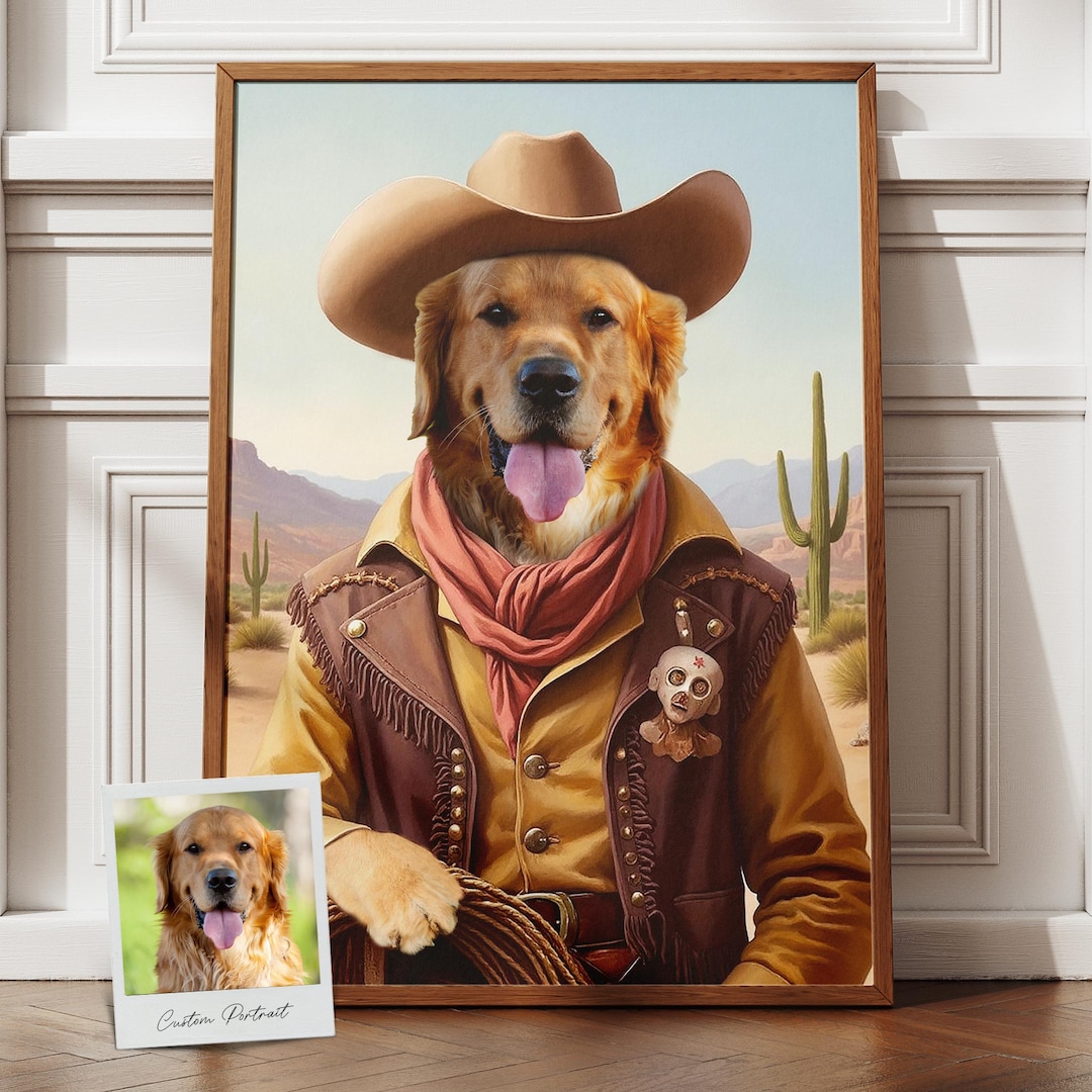 Custom Cowboy Dog Portrait, Western Dog Portrait, Cowboy Pet Gift, Dog ...
