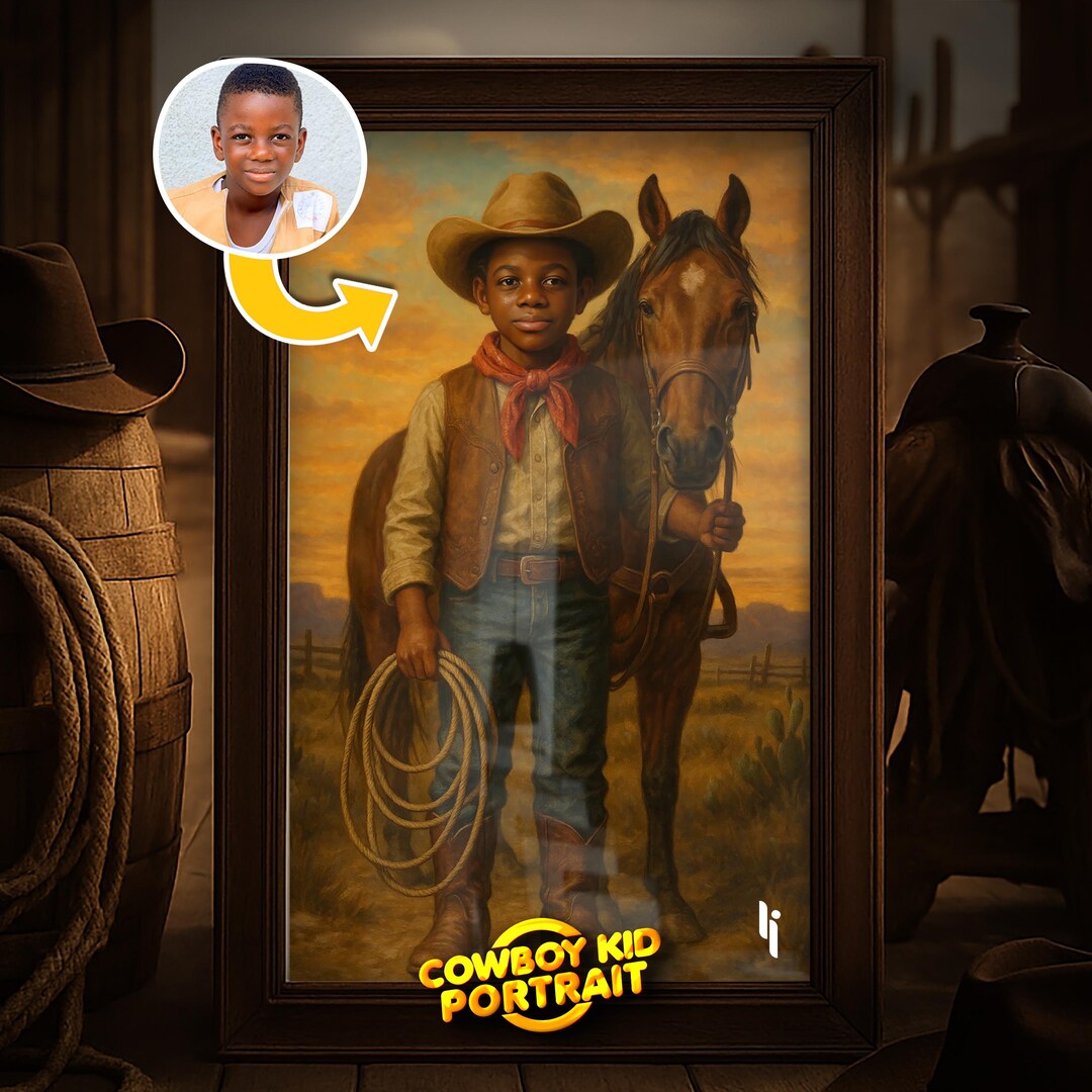 Custom Cowboy Portrait for Kids, Wild West Printable Gift, Gift for Kid ...