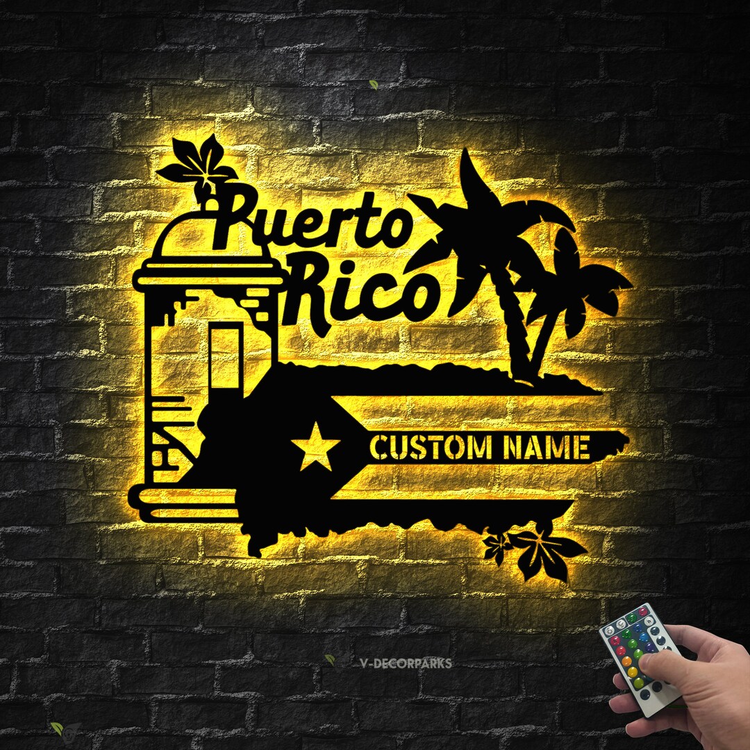 Custom Puerto Rico Flag Metal Wall Art LED Light Personalized Puerto ...