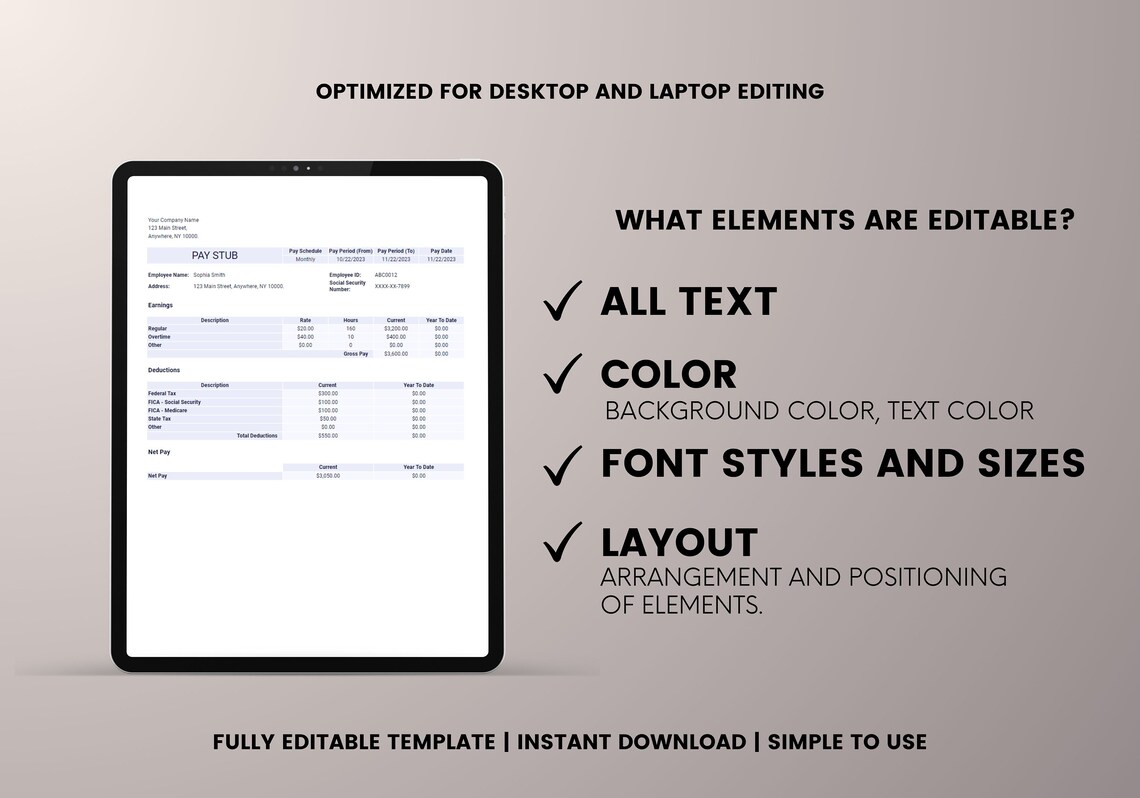 Easy to Use Paystub Template for Small Business, Editable Paystub ...