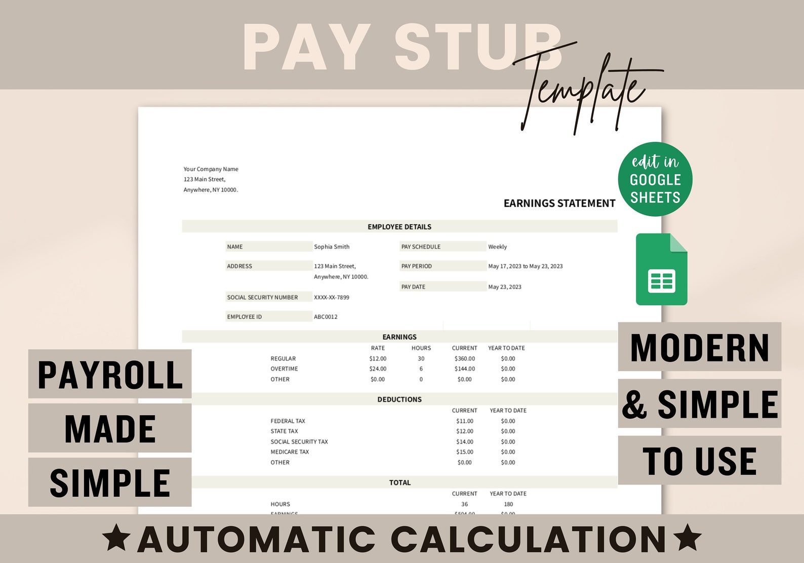 Easy to Use Paystub Template for Small Business, Customizable Paystub ...