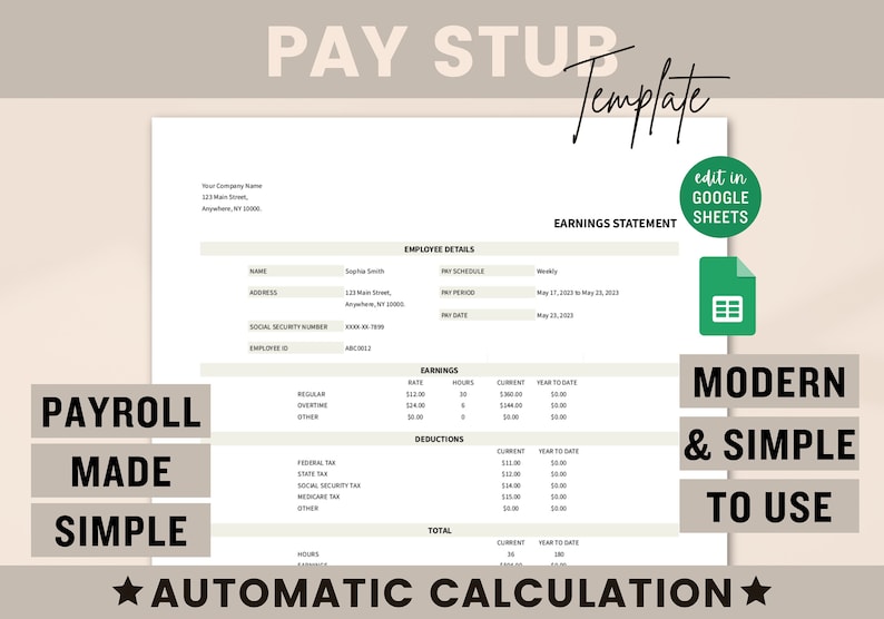 Easy to Use Paystub Template for Small Business, Customizable Paystub ...