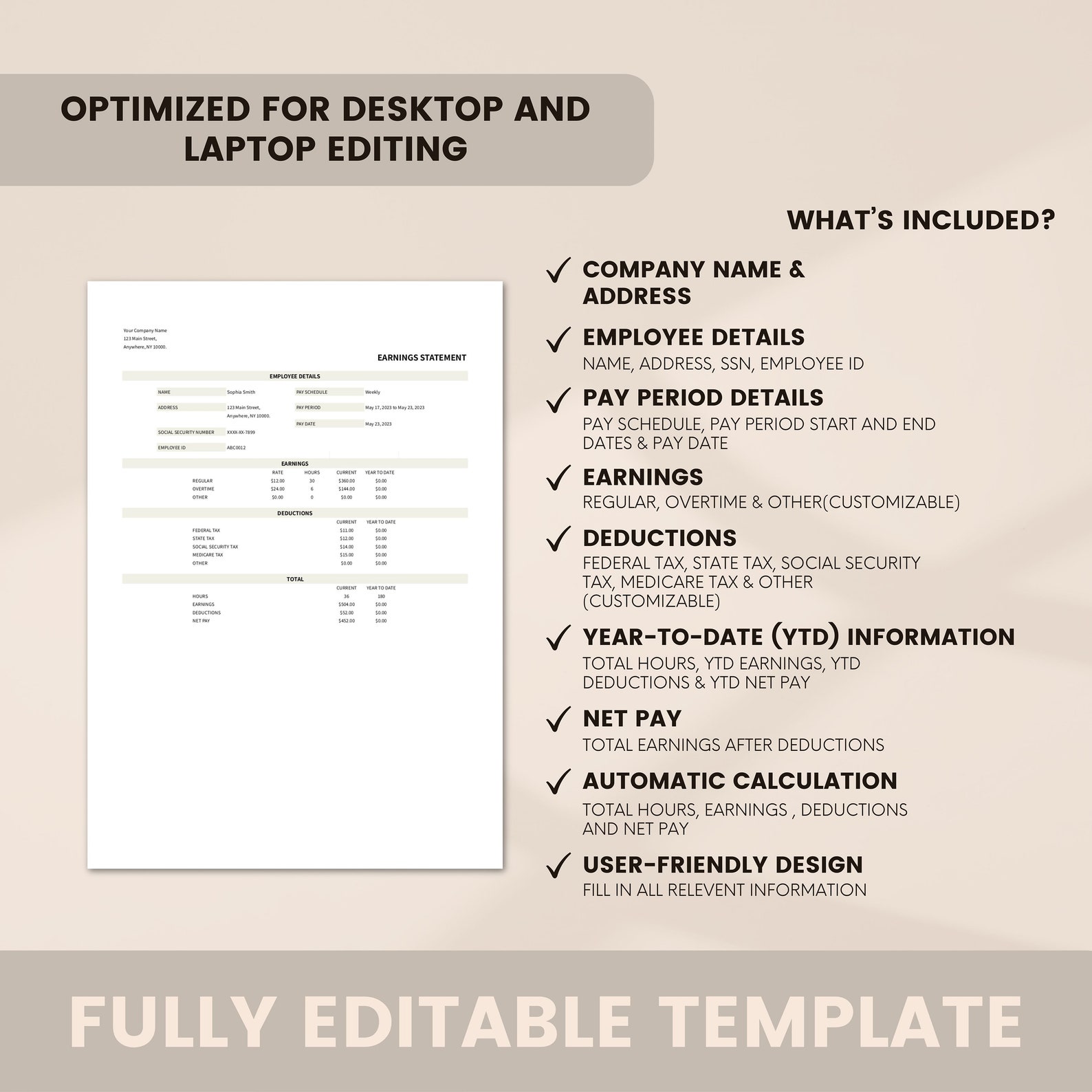 Easy to Use Paystub Template for Small Business, Customizable Paystub ...