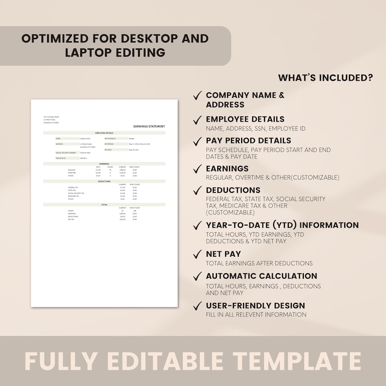 Easy to Use Paystub Template for Small Business, Customizable Paystub ...
