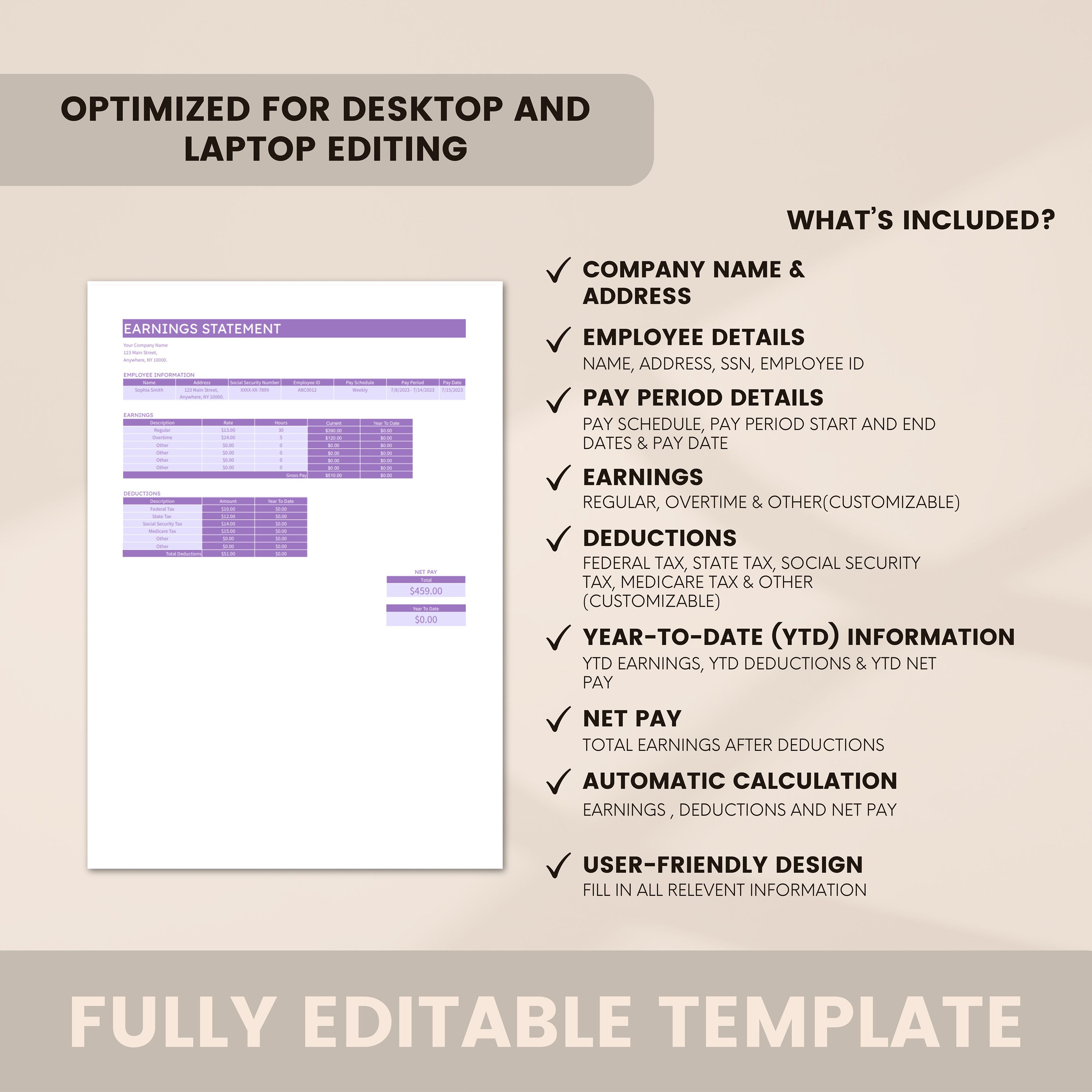 Easy to Use Paystub Template for Small Business, Editable Paystub ...