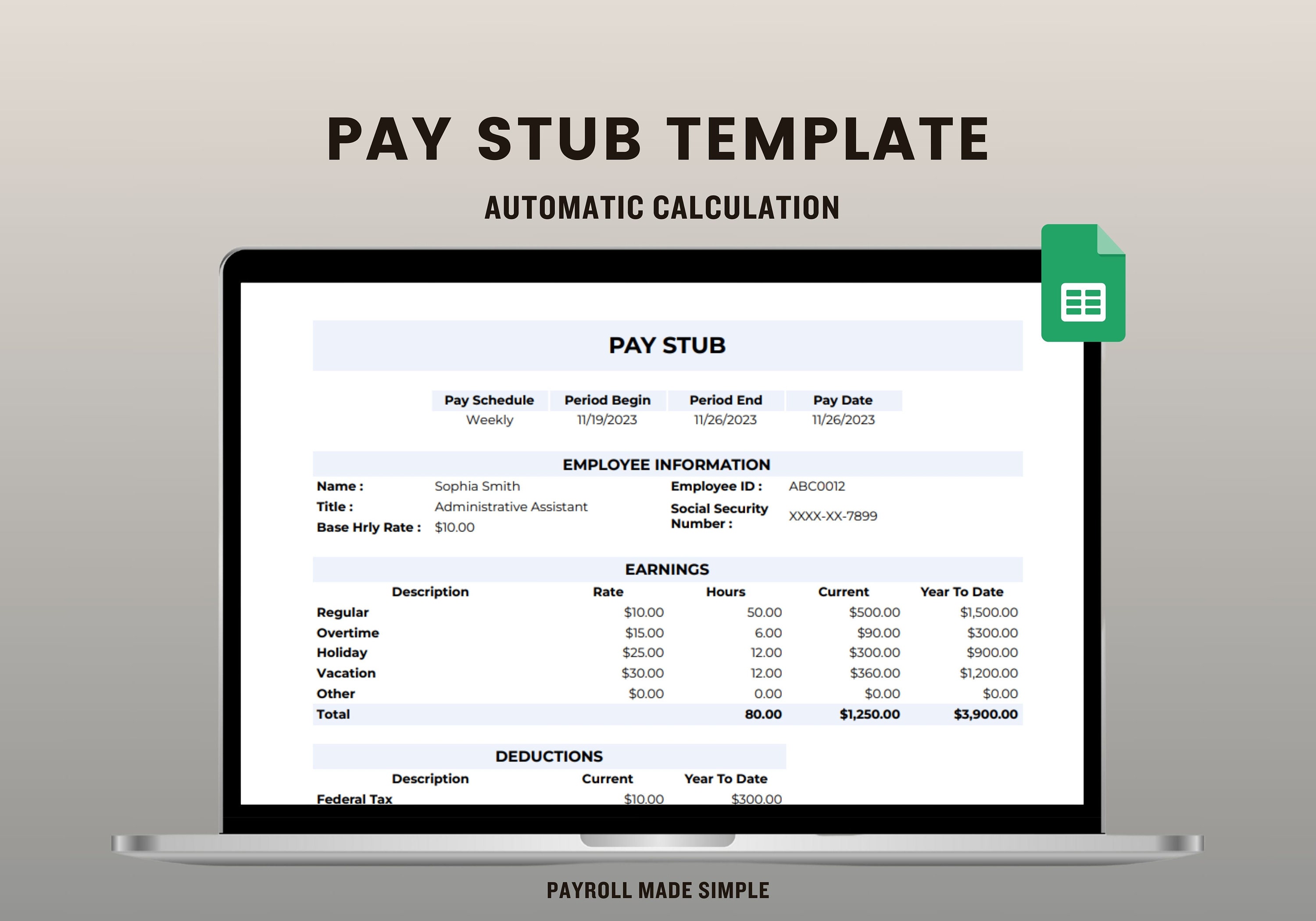 Easy to Use Paystub Template for Small Business, Editable Paystub ...